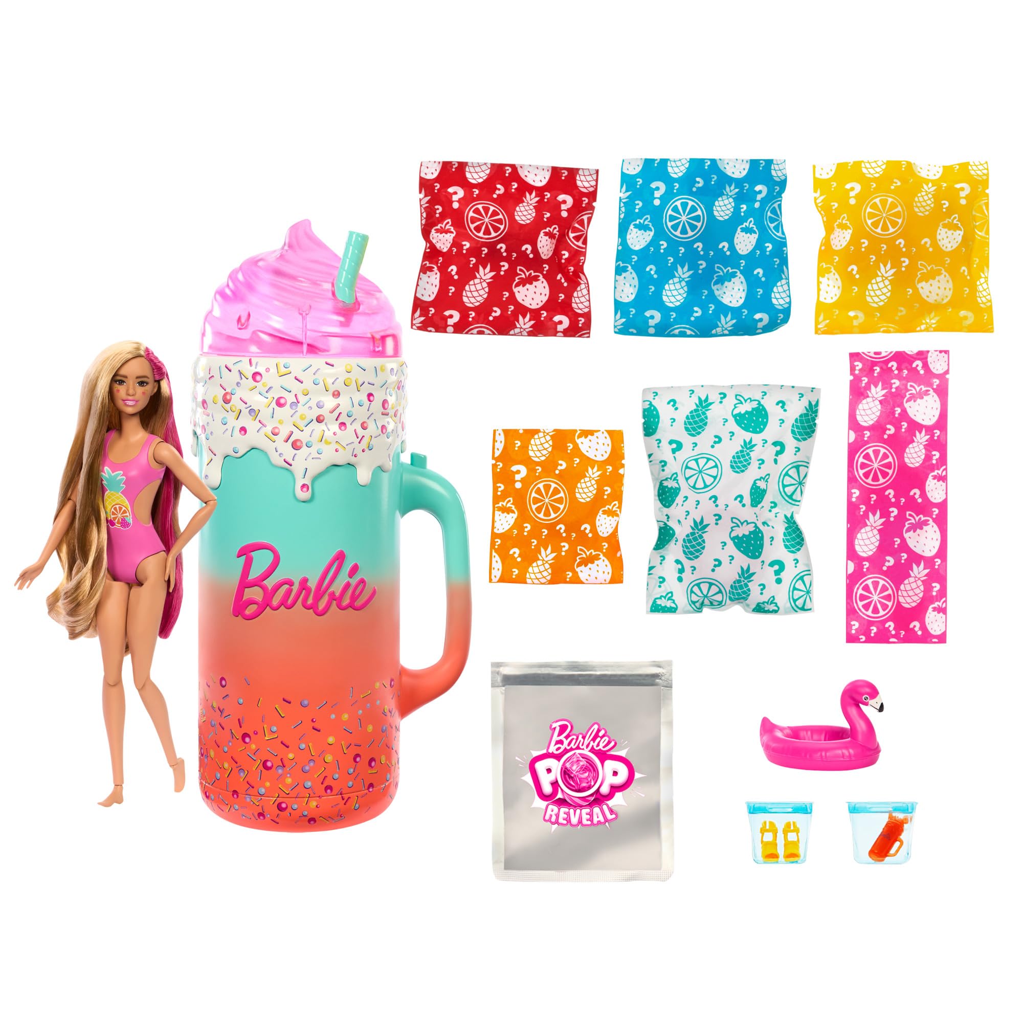 Barbie Pop Reveal Doll & Accessories, Rise & Surprise Fruit Series Gift Set with Scented Doll, Squishy Scented Pet, Color Change, Moldable Sand & More, 15+ Surprises