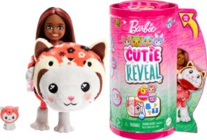 barbie cutie reveal chelsea doll & accessories, animal plush costume & 6 surprises including color change, kitten as red panda