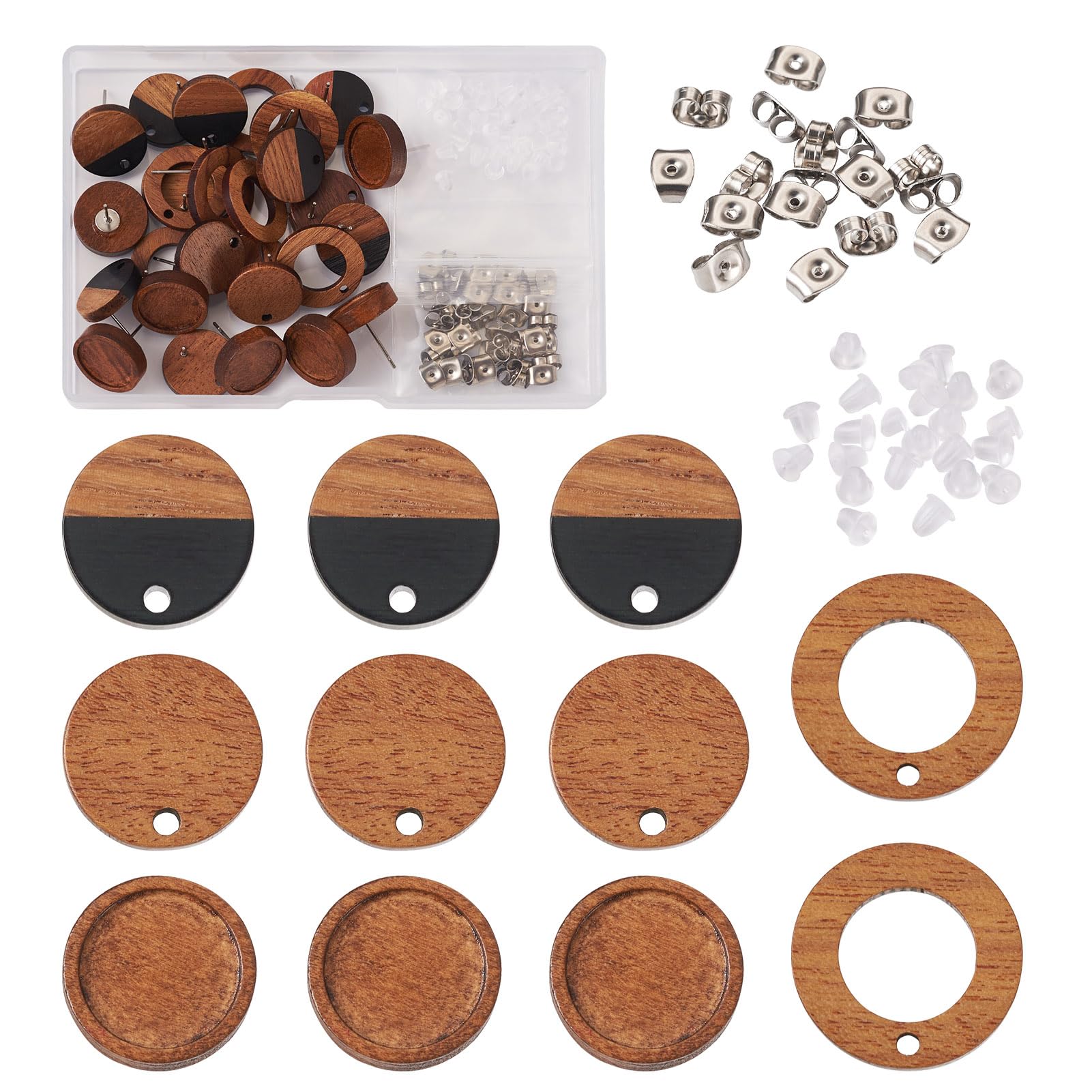 FASHEWELRY 32Pcs Wooden Earring Posts Wooden Earring Stud 15mm Flat Round Wooden Earring Blanks Earring Pin Studs Earring Findings for Jewelry Making