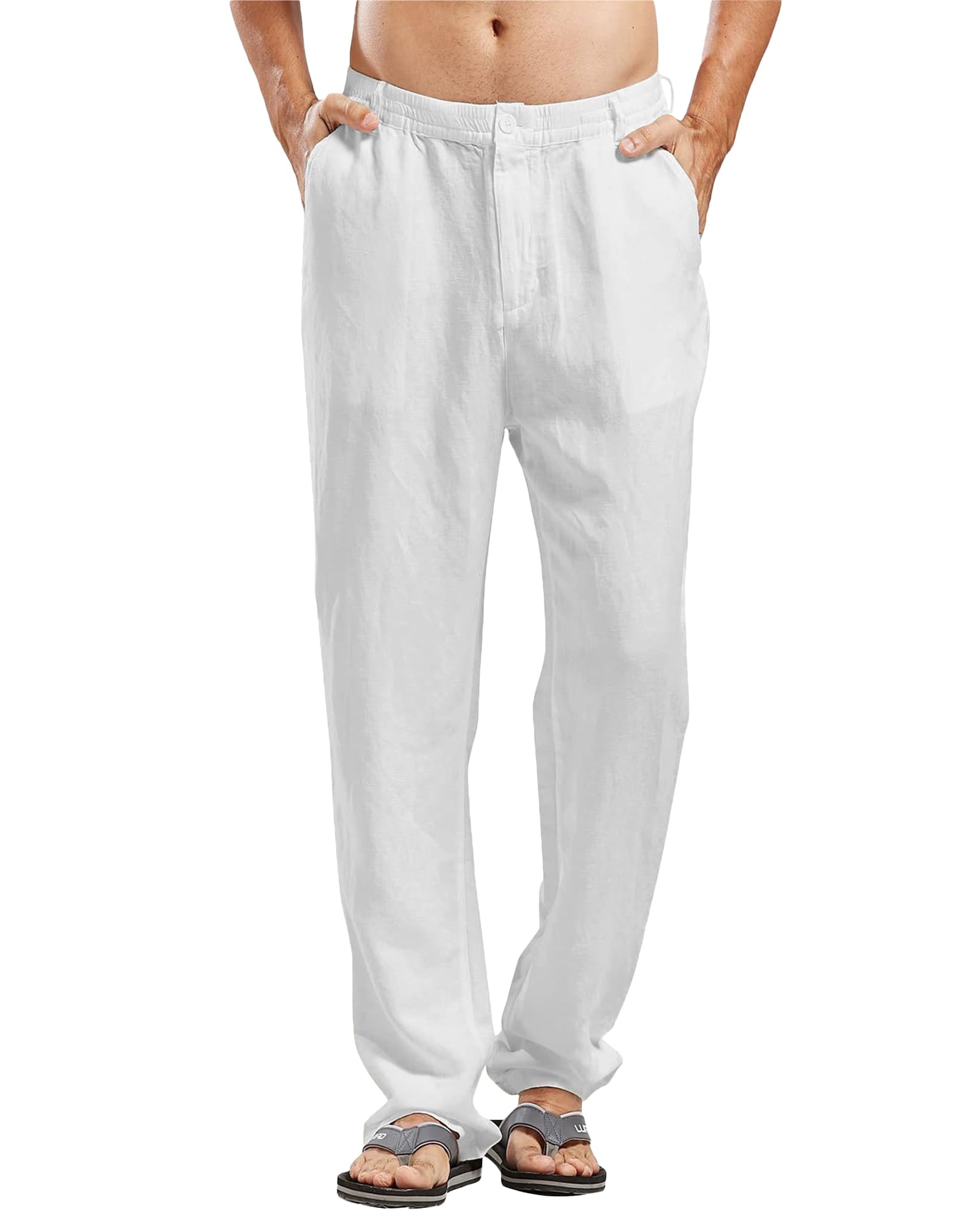 LVCBL Men's Linen Pants Straight Leg Linen Trousers Relaxed Long Pants with Pockets,White,XL