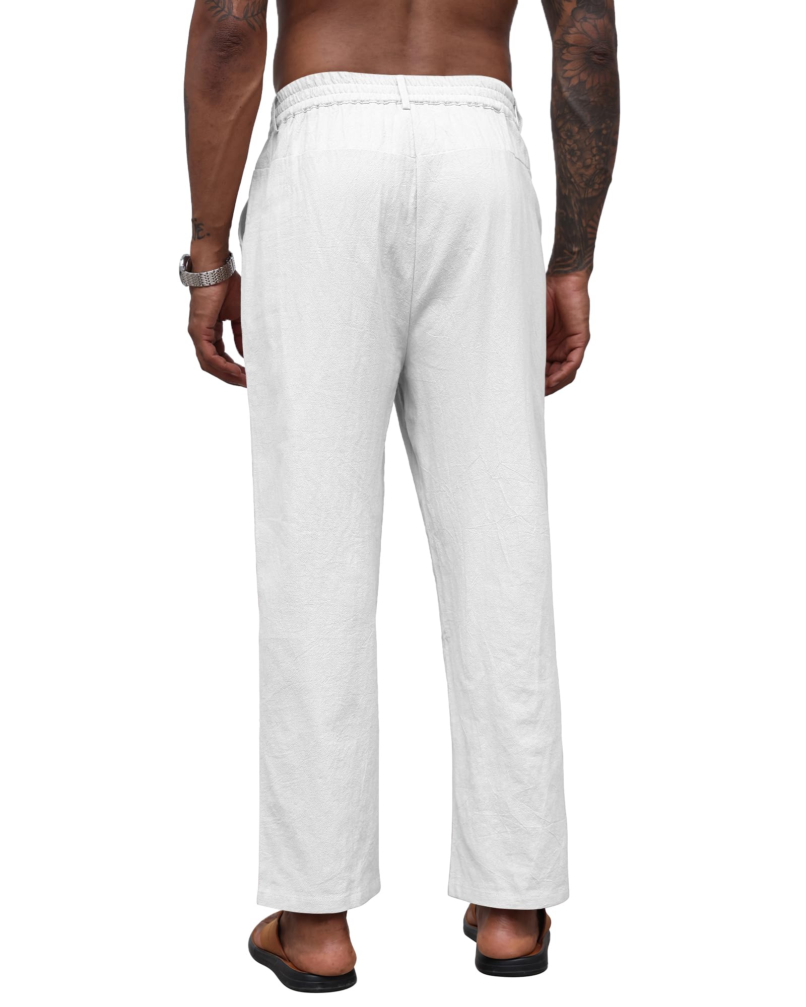 LVCBL Men's Linen Pants Straight Leg Linen Trousers Relaxed Long Pants with Pockets,White,XL