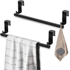 vehhe over door towel rack-2pcs, 12.7-inches, cabinet towel holder with eva foam pads, over cabinet towel bar with 2 hooks, dish towel holder with extra hanging space (black)