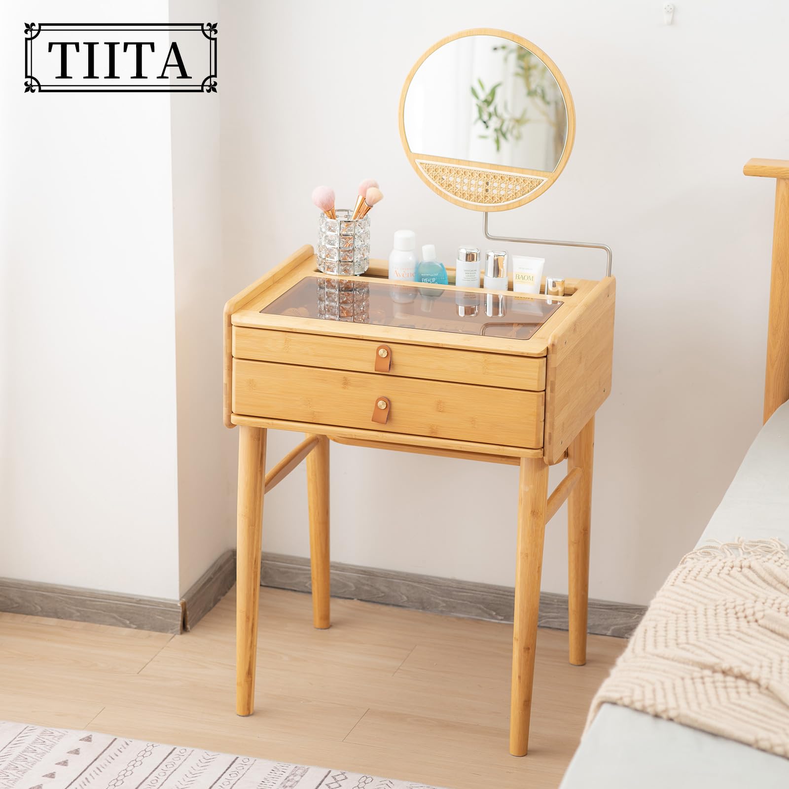 Tiita Vanity Desk, Makeup Vanity Table with Mirror, Dressing Table with 2 Drawers,Modern Wood Bedroom Vanity Vintage Dressing Table for Women Girls