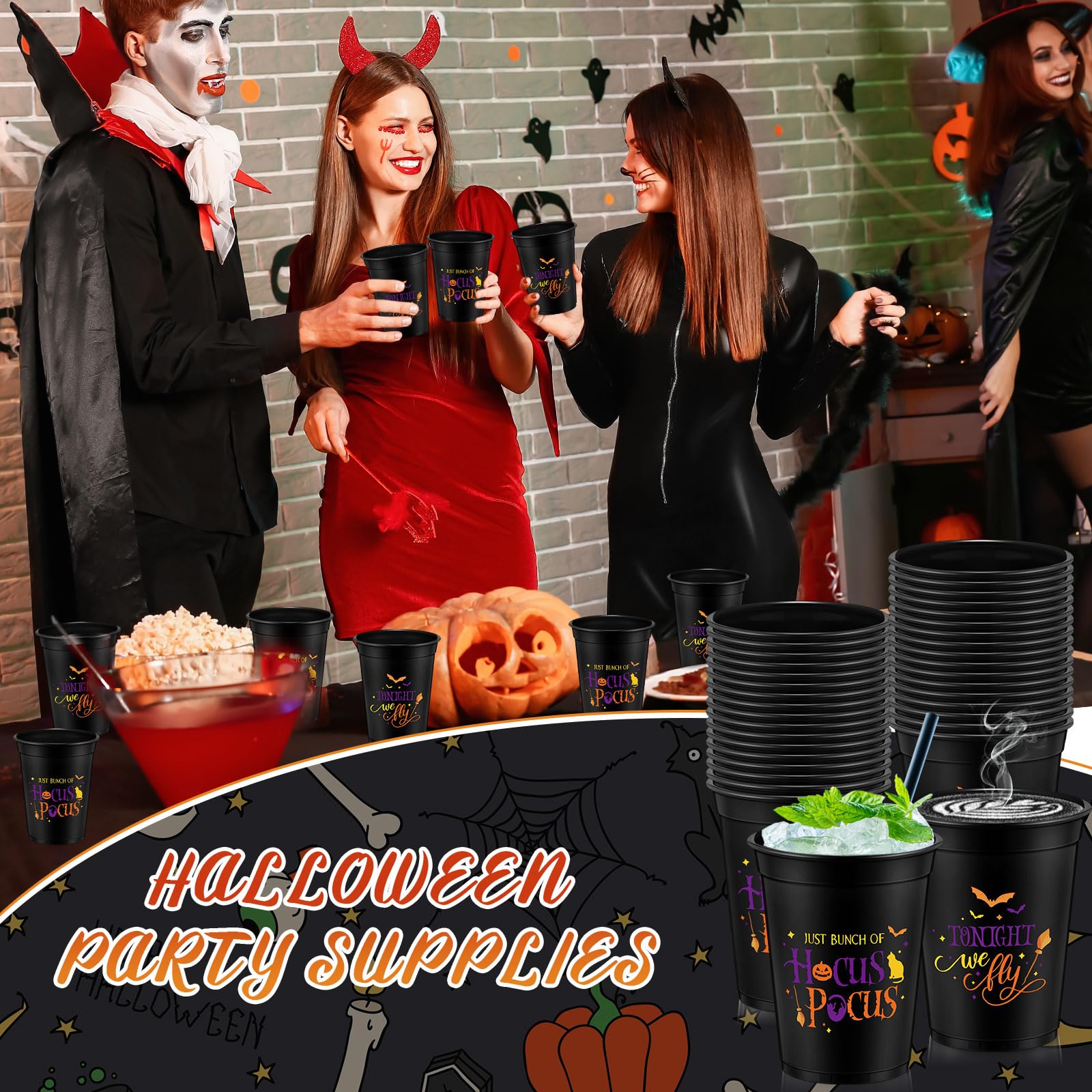 Jinei Disposable Halloween Cups 16 oz Halloween Plastic Party Cups for Halloween Party Decoration Coffee Wine and Hot Cold Drinks for a Halloween Party Favors, Black (200 Pcs)