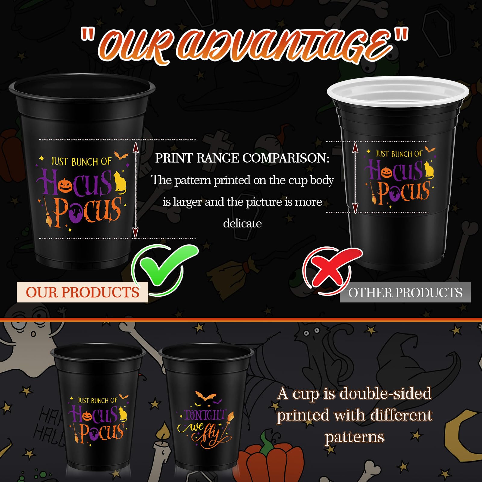 Jinei Disposable Halloween Cups 16 oz Halloween Plastic Party Cups for Halloween Party Decoration Coffee Wine and Hot Cold Drinks for a Halloween Party Favors, Black (200 Pcs)