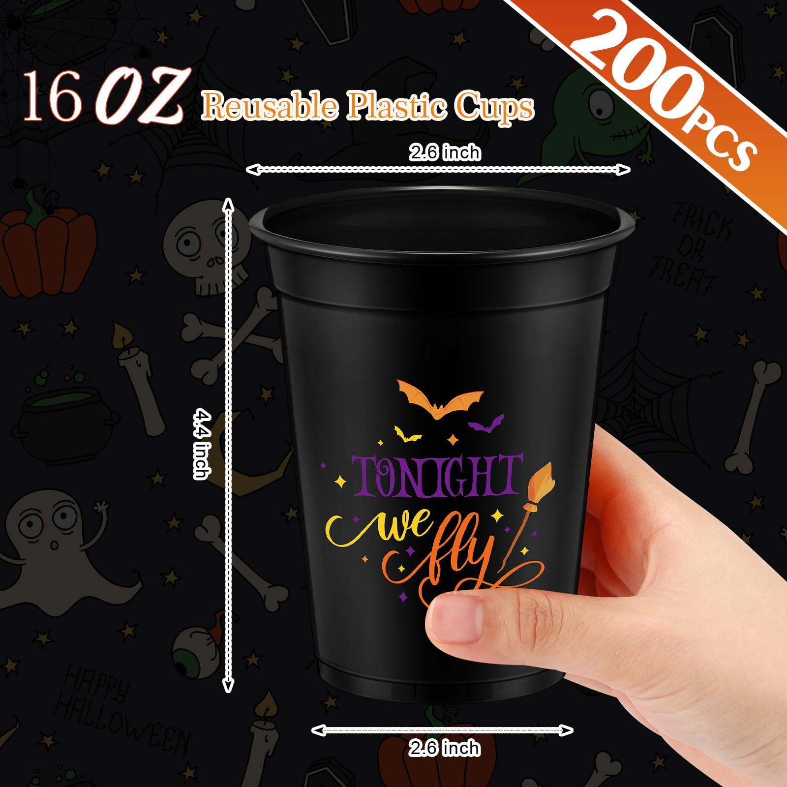 Jinei Disposable Halloween Cups 16 oz Halloween Plastic Party Cups for Halloween Party Decoration Coffee Wine and Hot Cold Drinks for a Halloween Party Favors, Black (200 Pcs)