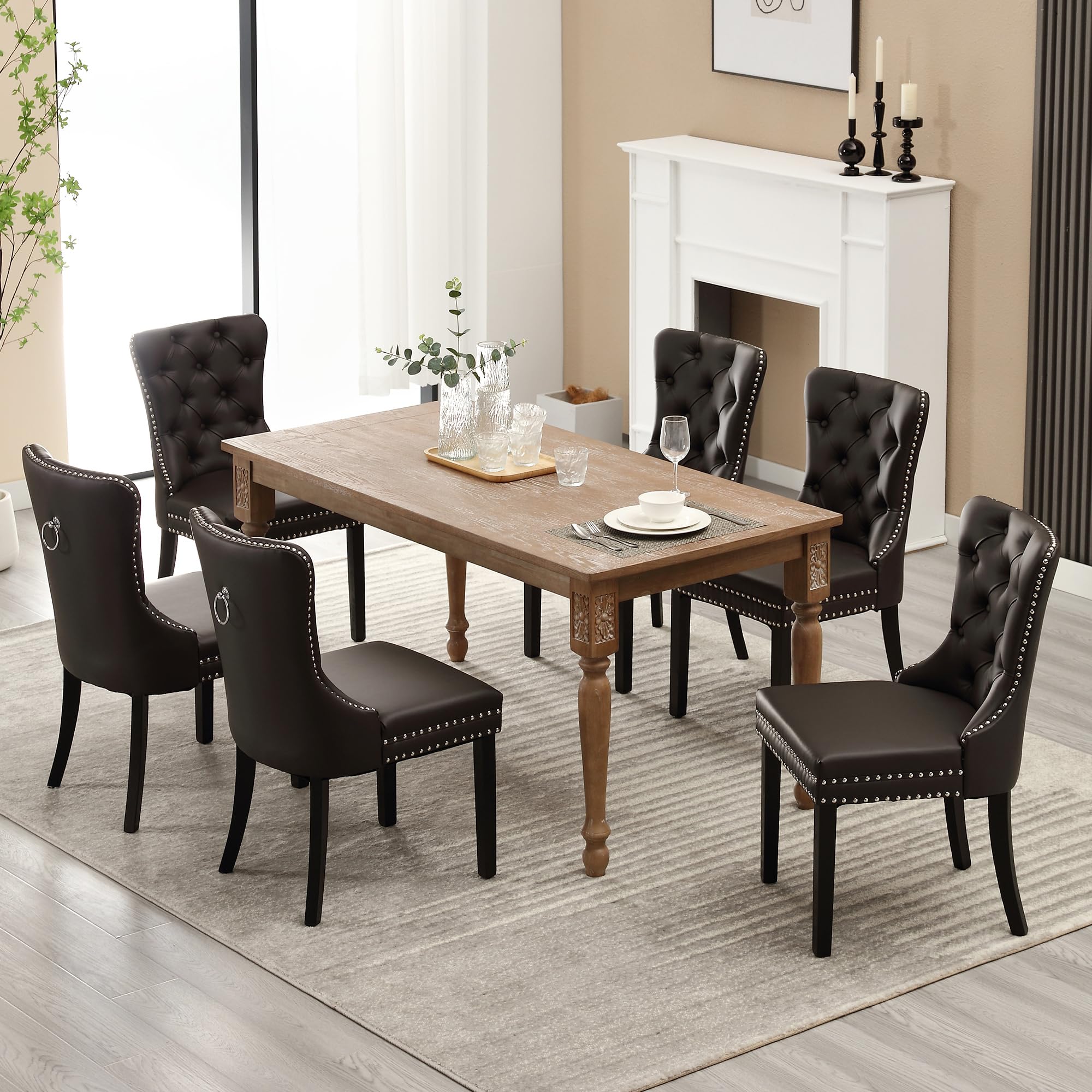 KCC Faux Leather Dining Chairs Set of 4, Upholstered High-end Tufted Dining Room Chair with Nailhead Back Ring Pull Trim Solid Wood Legs, Contemporary Nikki Collection Modern Style for Kitchen, Brown