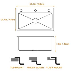 ARTLINE Black Kitchen Sink, Stainless Steel Single Bowl Sink, Drop In/Topmount Workstation Sink with Sliding Accessories, Farmhouse Workstation Sink with Multiple Accessories (19.7 x 17.7in)