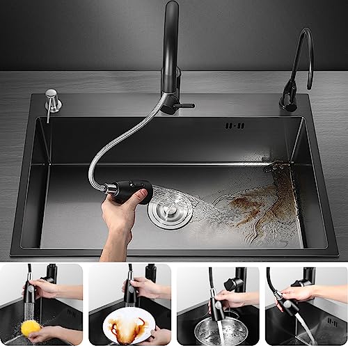 ARTLINE Black Kitchen Sink, Stainless Steel Single Bowl Sink, Drop In/Topmount Workstation Sink with Sliding Accessories, Farmhouse Workstation Sink with Multiple Accessories (19.7 x 17.7in)