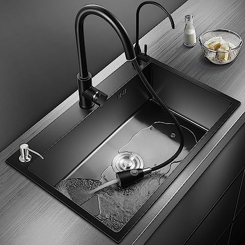 ARTLINE Black Kitchen Sink, Stainless Steel Single Bowl Sink, Drop In/Topmount Workstation Sink with Sliding Accessories, Farmhouse Workstation Sink with Multiple Accessories (19.7 x 17.7in)