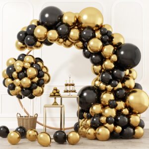 rubfac 156pcs black and gold balloons arch garland kit, 5/10/12/18 inch latex balloons set for graduation birthday party wedding anniversary decorations