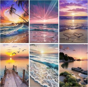 dotsops 6-pack diy 5d beach diamond painting kit art adult painting kit crafts beginner diamond art beach 5d full art diamond large diamond painting home wall decoration gift 12x16 inches