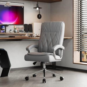 Hoxne Leather Executive Office Chair with Arms and Wheels, High Back Ergonomic Computer Desk ChairAdjustable Height Swivel Office Desk Chair, 350LBS Capacity (Gray)