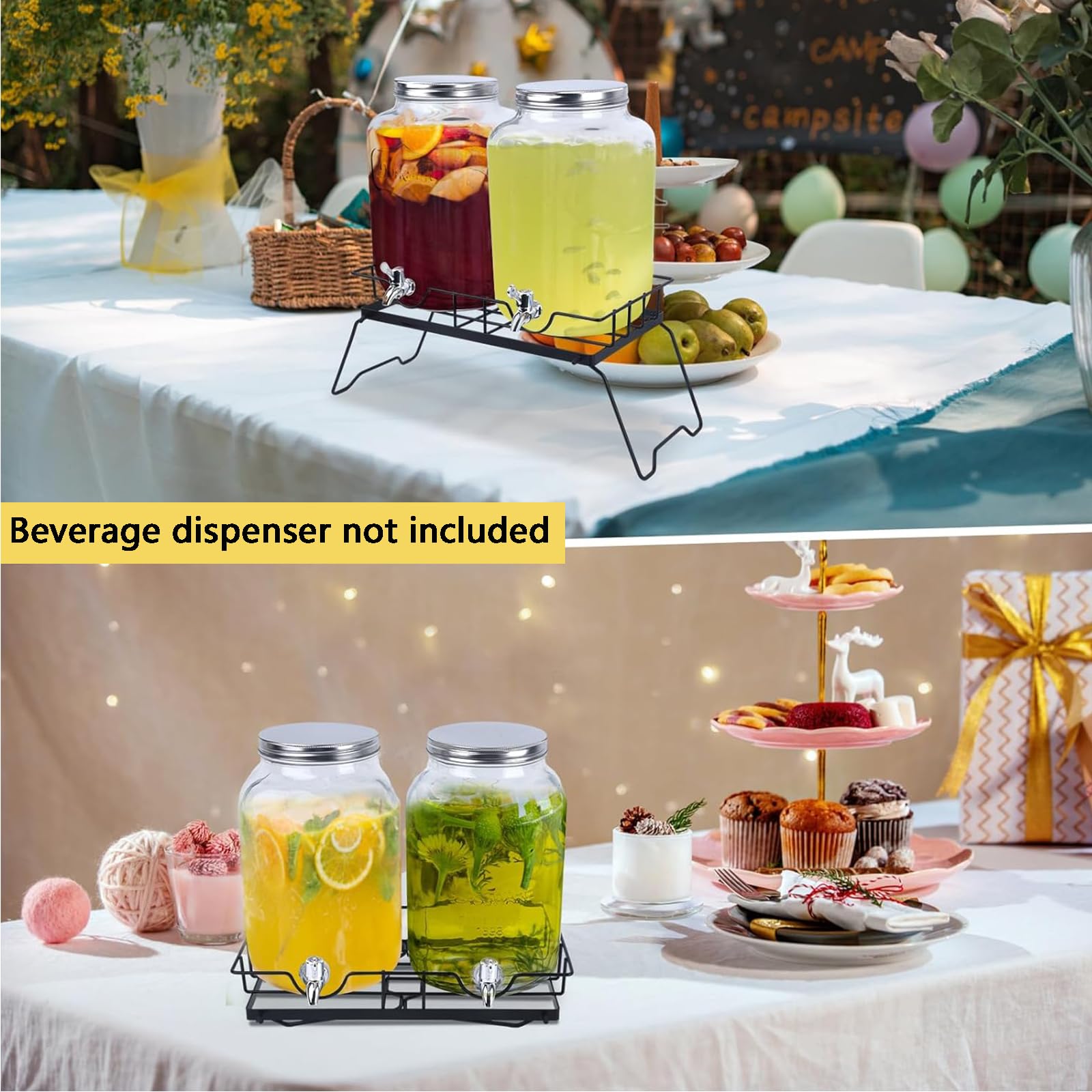 Beverage Dispenser Stand for Parties 1 Gallon Double Drink Metal Dispenser Stand Dispenser Holder, Compatible with Round Water Glass Jar Jug Gallon Containers, Parties & Daily Use（No drinks machine）