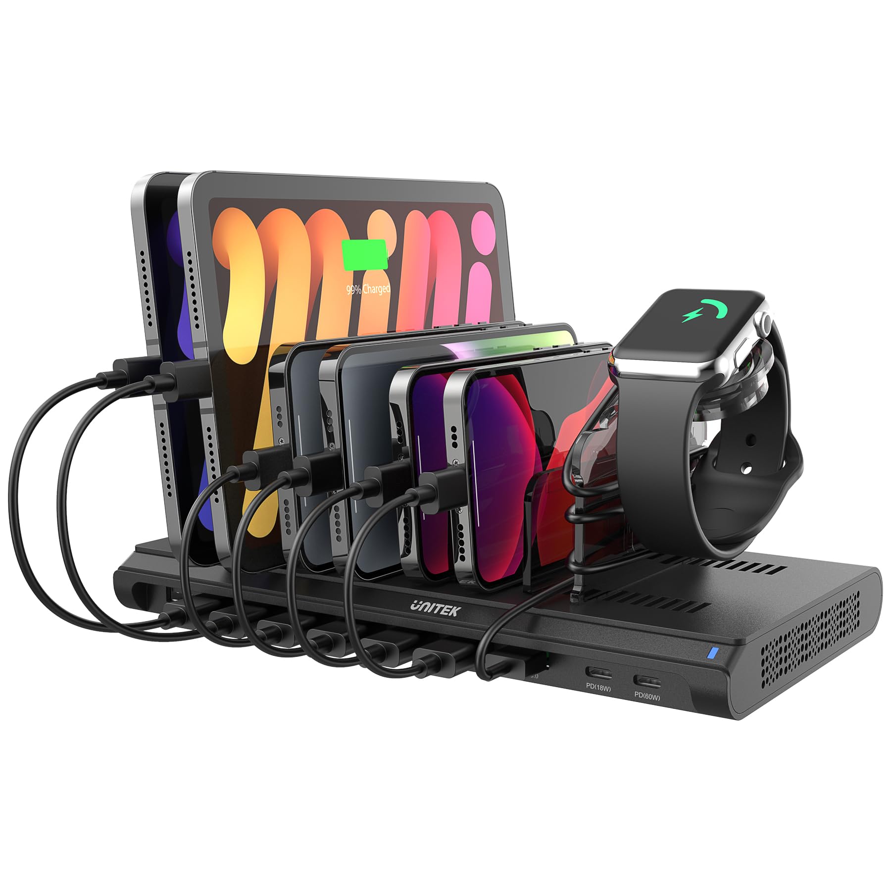 Unitek iPad Charging Station for Multiple Devices, 120W USB Charger Station Organizer with QC 3.0 & PD 60W/18W, 10 Port Fast Charging Dock for iPhone, Kindle, Tablet, Laptop and More