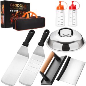 8pcs blackstone griddle accessories tool kit, aikwi flat top grill professional grade set, included cheese melting dome, burger press, chopper, bottles & carry bag, perfect for outdoor, indoor, bbq