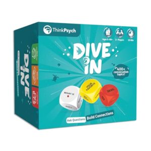 thinkpsych 400+ family conversation starters dice & card game - conversation cards for ages 6-99 - best family games for kids and adults