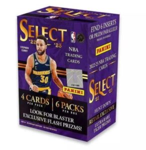 2022-23 panini select nba basketball factory sealed blaster box 6 packs of 4 cards, 24 cards in all. find 6 inserts or parallel prizms per box, look for retail exclusive inserts and rare tiger parallel prizms chase rated rookie cards and autographs of top