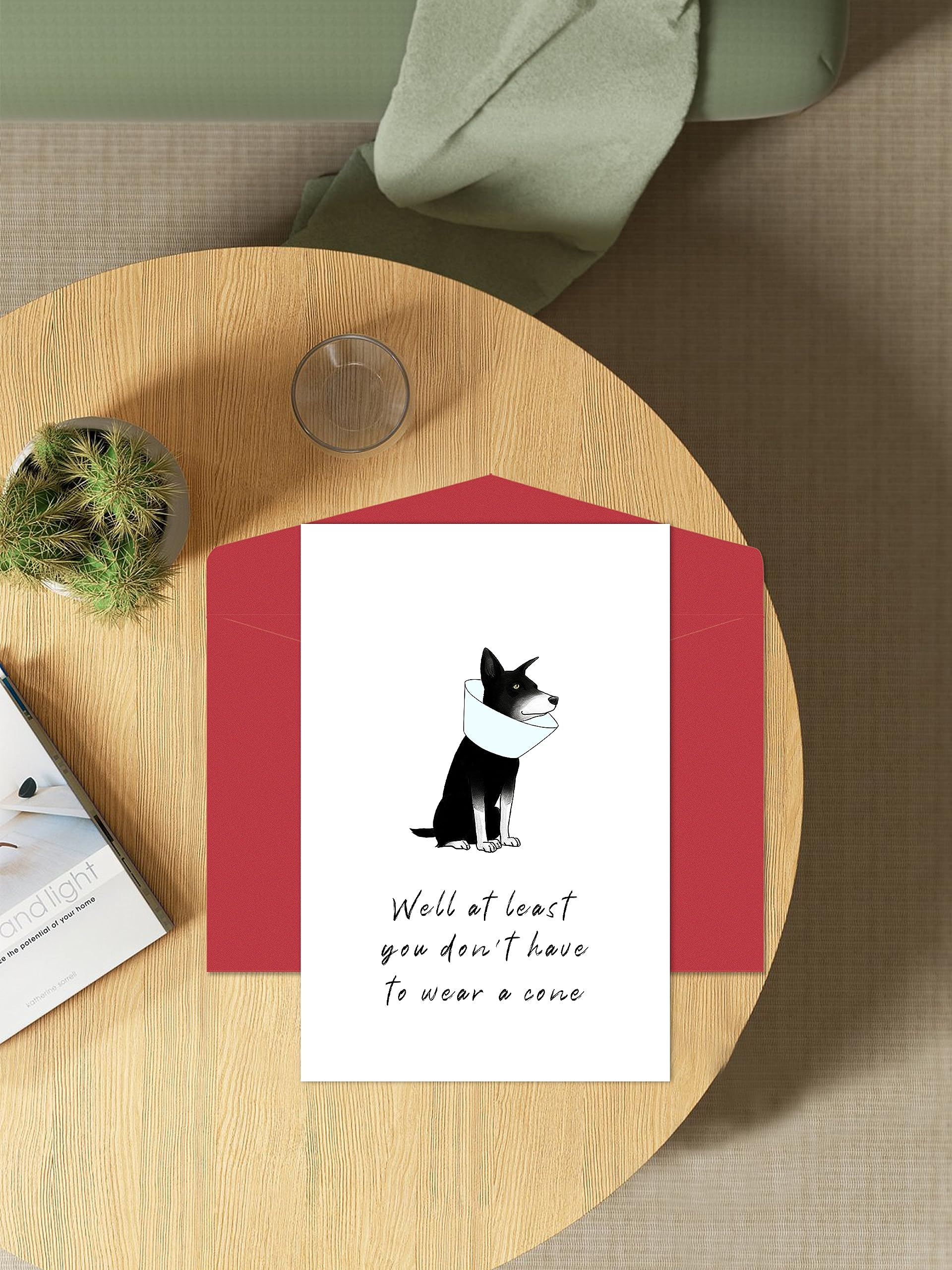 Heollaok Funny Recovery Card for Him Her, Humorous Get Well Soon Card for Friends, Well at Least You Don't Have to Wear a Cone Card, Cute Pug Cone Card