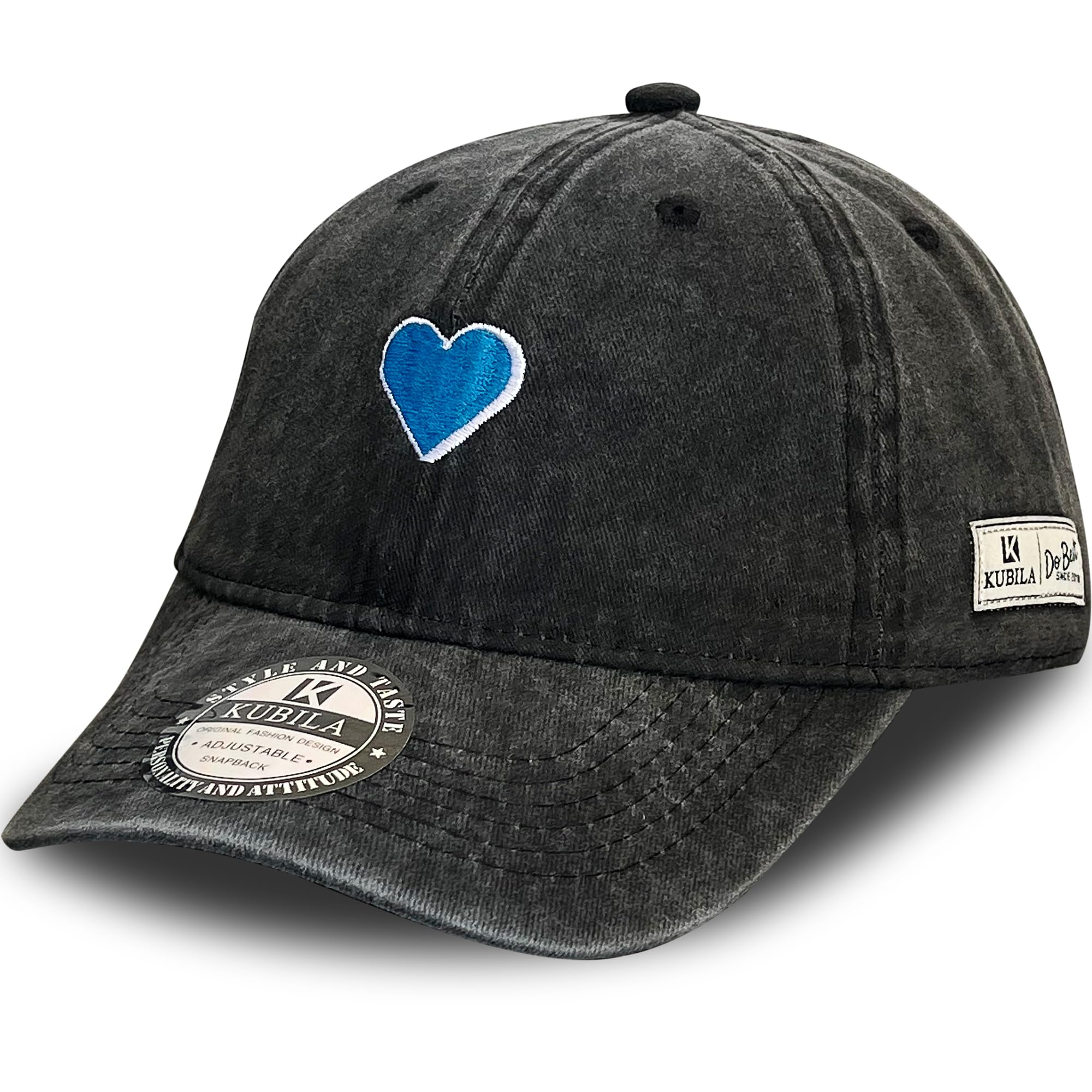 KUBILA Hand Drawn Blue Heart Hats for Women Men,Unisex Love Heart Embroidered Cotton Adjustable Snapback Baseball Cap Dad Hat Washed Black