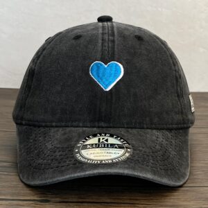 KUBILA Hand Drawn Blue Heart Hats for Women Men,Unisex Love Heart Embroidered Cotton Adjustable Snapback Baseball Cap Dad Hat Washed Black