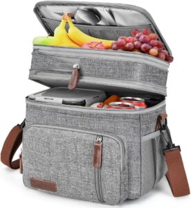 lokass lunch bag for women/men work, 16l expandable double deck lunch box, waterproof leak-proof cooler bag, portable meal prep lunchbag with adjustable shoulder strap-grey