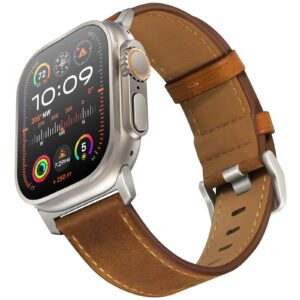 uupwpokt compatible with apple watch ultra 2 / ultra band 49mm 45mm 44mm 42mm men women, top grain genuine leather band strap for iwatch ultra series 9 8 7 6 5 4 3 2 1 se, retro brown/titanium