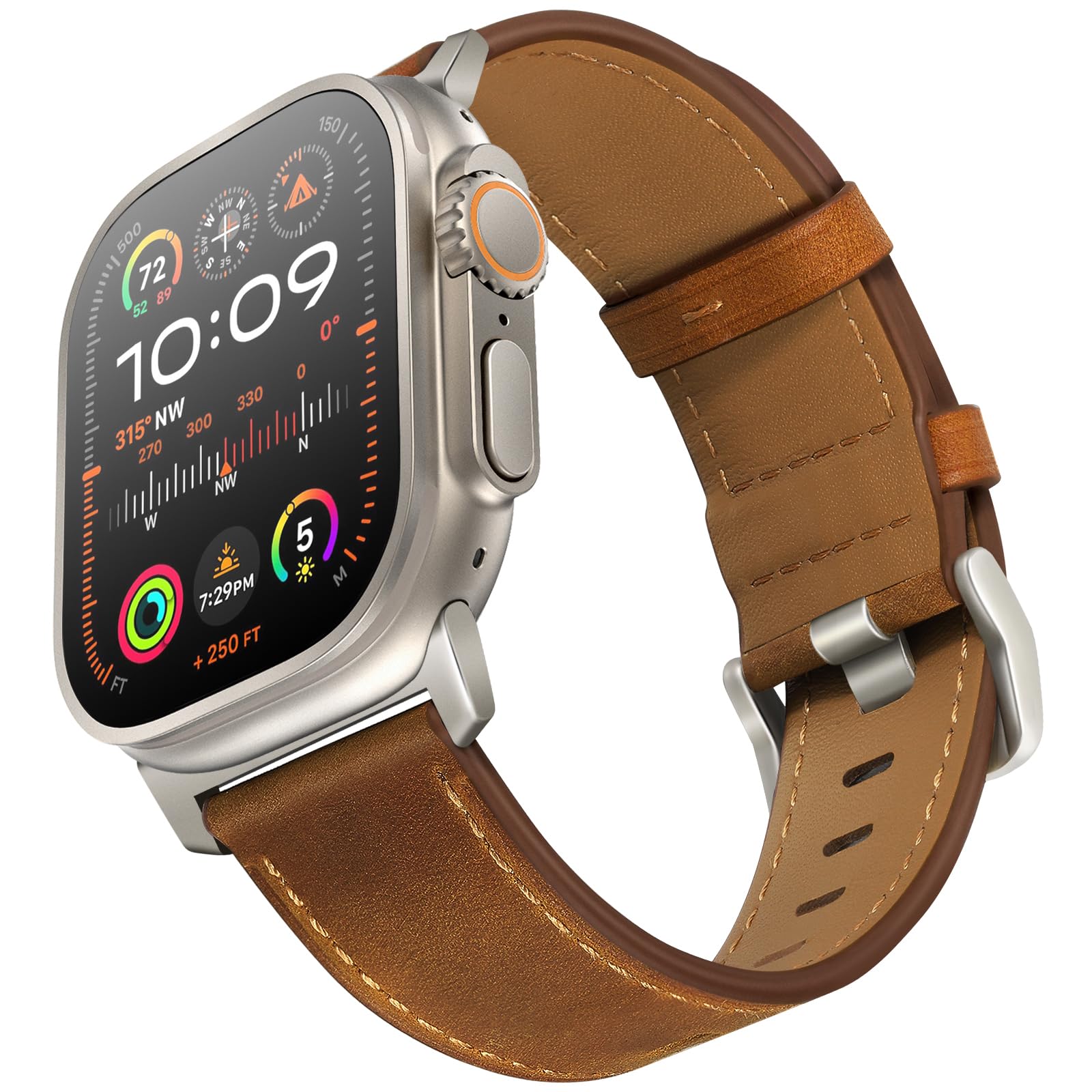 UUPWPOKT Compatible with Apple Watch Ultra 2 / Ultra Band 49mm 45mm 44mm 42mm Men Women, Top Grain Genuine Leather Band Strap for iWatch Ultra Series 9 8 7 6 5 4 3 2 1 SE, Retro Brown/Titanium