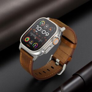 UUPWPOKT Compatible with Apple Watch Ultra 2 / Ultra Band 49mm 45mm 44mm 42mm Men Women, Top Grain Genuine Leather Band Strap for iWatch Ultra Series 9 8 7 6 5 4 3 2 1 SE, Retro Brown/Titanium