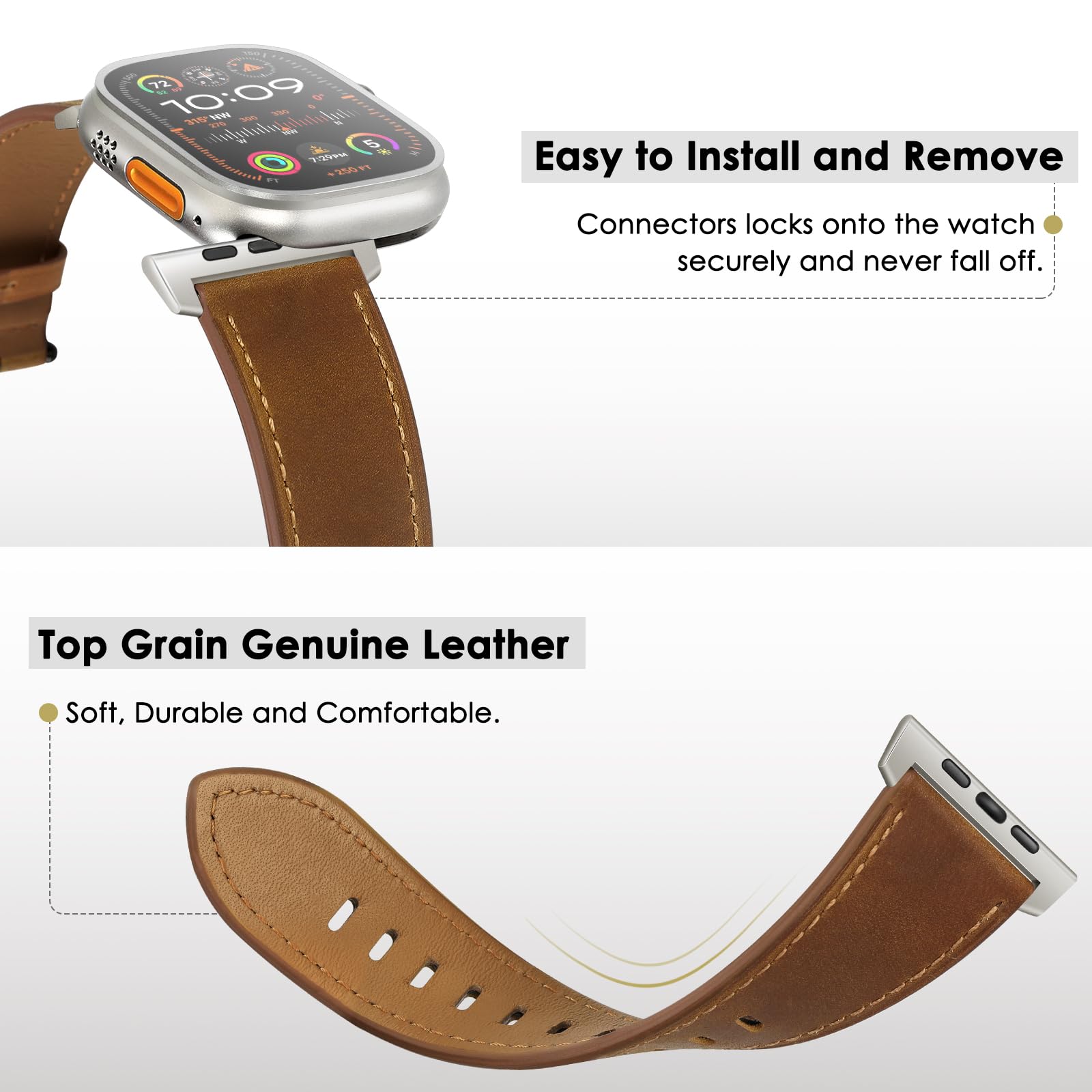 UUPWPOKT Compatible with Apple Watch Ultra 2 / Ultra Band 49mm 45mm 44mm 42mm Men Women, Top Grain Genuine Leather Band Strap for iWatch Ultra Series 9 8 7 6 5 4 3 2 1 SE, Retro Brown/Titanium