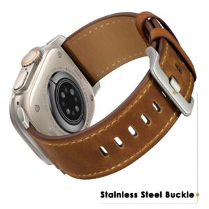 UUPWPOKT Compatible with Apple Watch Ultra 2 / Ultra Band 49mm 45mm 44mm 42mm Men Women, Top Grain Genuine Leather Band Strap for iWatch Ultra Series 9 8 7 6 5 4 3 2 1 SE, Retro Brown/Titanium