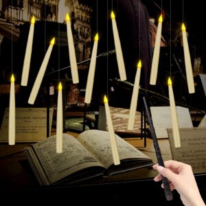 12 home decoration floating candles with magic wand remote, flameless taper ccandles warm light flickering,witch wizard hanging candles lights for harry potter gift birthday party home room decor