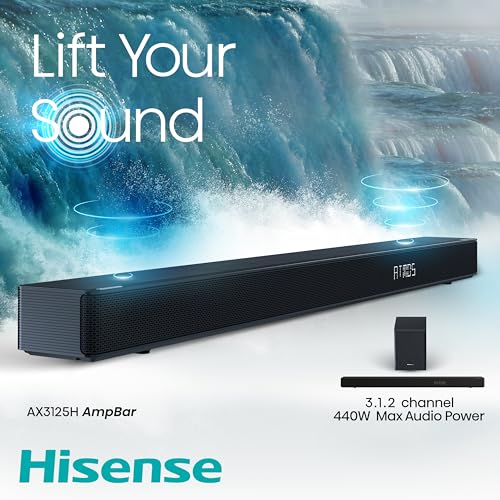 Hisense AX3125H 3.1.2Ch Sound Bar with Wireless Subwoofer, 440W, Dolby Atmos, Bluetooth 5.3, EzPlay, 4K HDMI Pass Through, Roku TV Ready, DTS:X, HDMI/AUX/ARC/Optical/USB, 7 EQ Modes