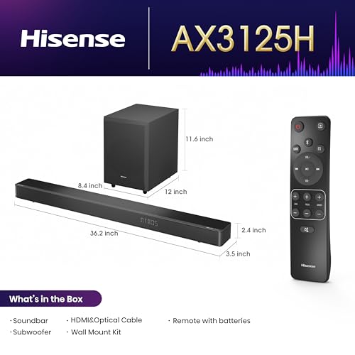 Hisense AX3125H 3.1.2Ch Sound Bar with Wireless Subwoofer, 440W, Dolby Atmos, Bluetooth 5.3, EzPlay, 4K HDMI Pass Through, Roku TV Ready, DTS:X, HDMI/AUX/ARC/Optical/USB, 7 EQ Modes