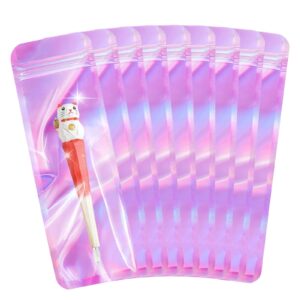 hrx package 100pcs pink holographic bags packaging 2.4x7 inch, resealable bags foil ziplock pouch smell proof baggies for lip gloss, eyeliner pens, jewelry, candy