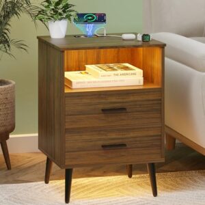 fredees night stand with charging station (wireless/usb/type-c) and led lights, smart side table, nightstand wood with drawers, bedside table for bedroom living room (brown)