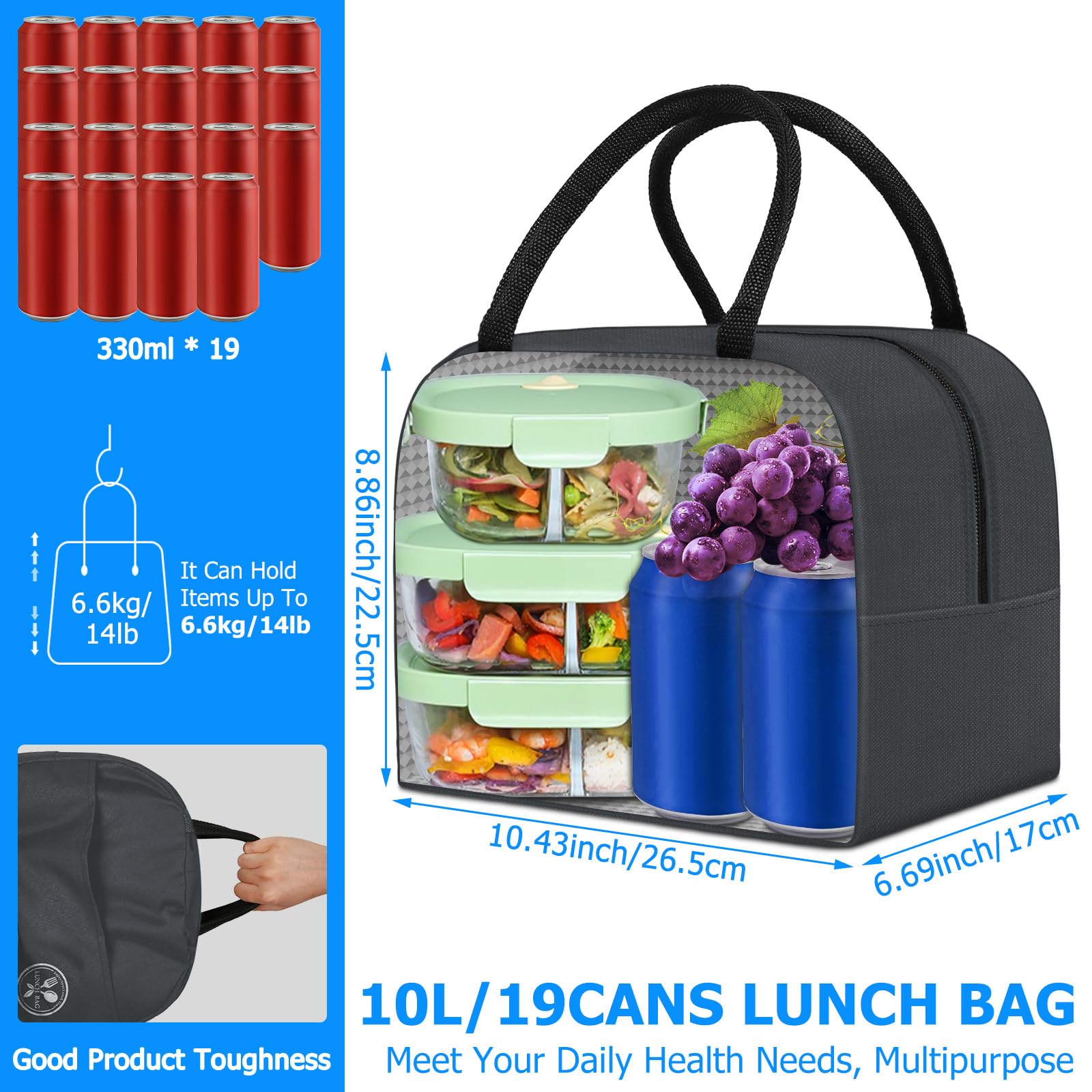 10L 19Cans Insulated Lunch Bag for Women Men, Reusable Lunch Box for Office Work Picnic Beach Travel, Leakproof Soft Cooler Tote Bag Freezable Lunch Bag for Adult, Grey