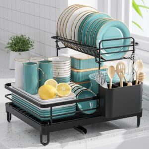 sakugi dish drying rack - x-large stainless steel dish rack for kitchen counter, 2-tier kitchen organizers and storage for dishes, bowls, cutlery, black