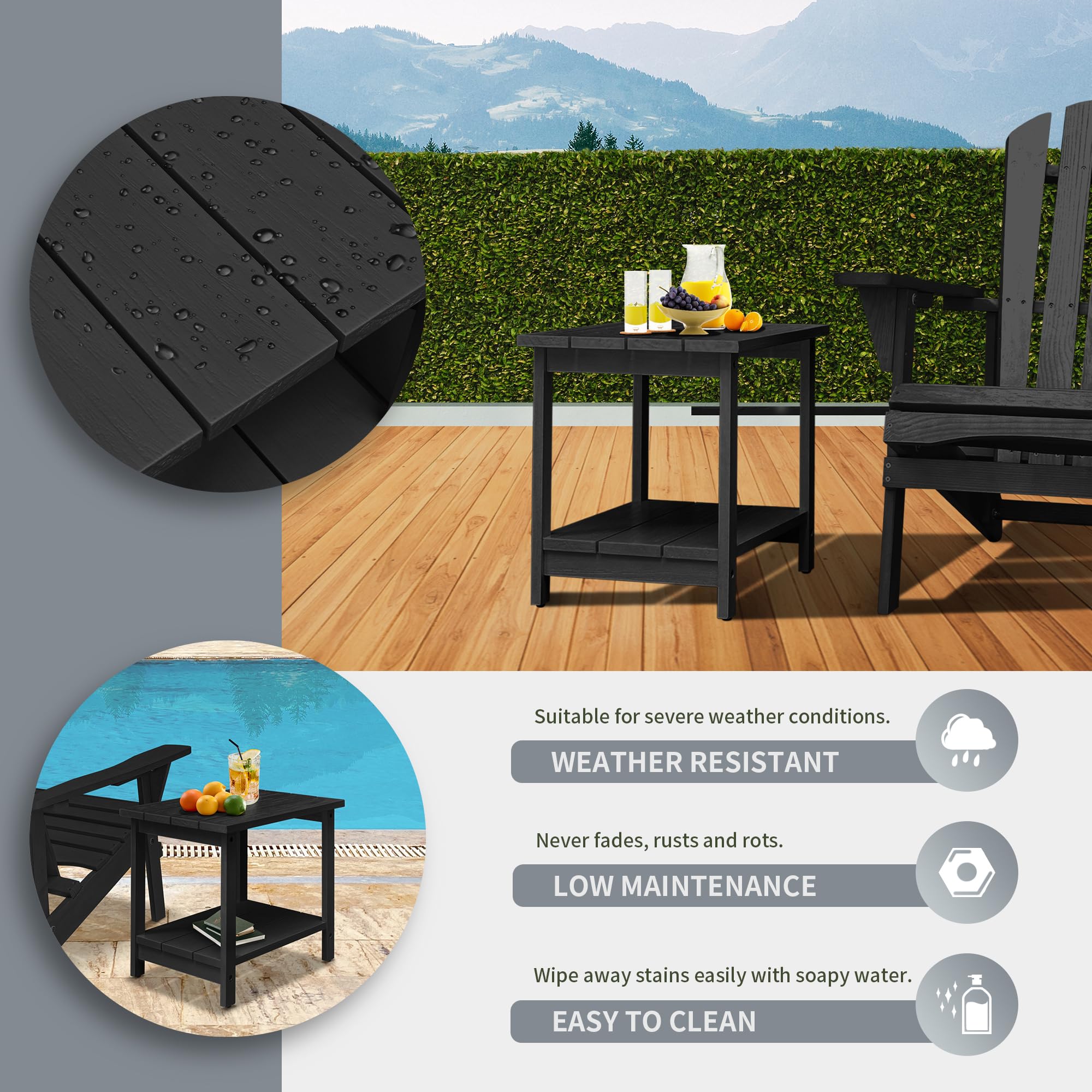 RKVPCNE Outdoor Side Table Patio Side Tables for Outside, Small Patio Table Square End Table for Patio Backyard, Pool, Indoor Companion Wood Weather Resistant，Black