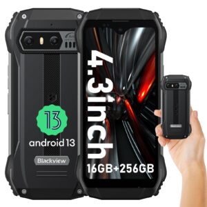 blackview 4.3 inch mini mobile phone, n6000 rugged phones unlocked 2023, 16gb+256gb, dual sim 4g, android 13 cell phone, 208g weight, 48mp camera, ip68 waterproof phones, 18w fast charge 3880mah, nfc