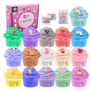 16 pack mini butter slime kit,with pink watermelon, ice cream and cake slime etc. color slime and slime charms,soft and non-sticky,diy scent slime party,stress relief sludge toy for boys and girls