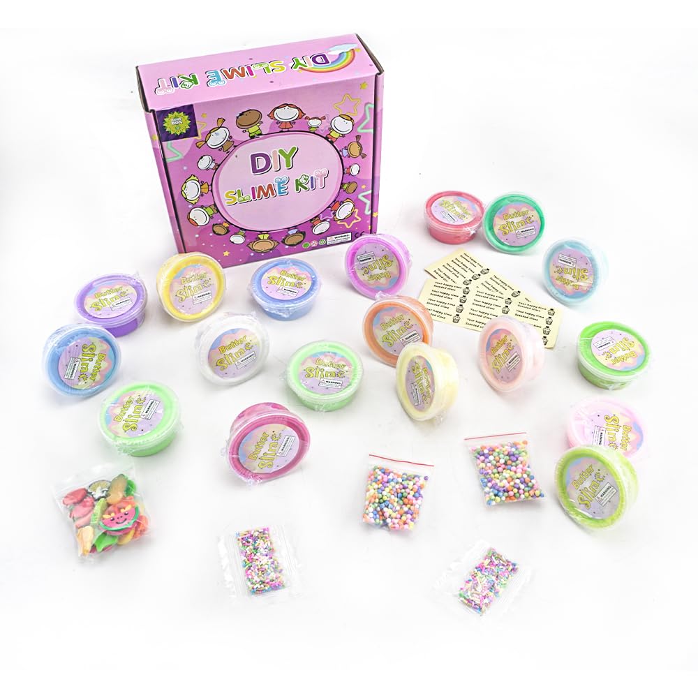 16 Pack Mini Butter Slime Kit,with Pink Watermelon, Ice Cream and Cake Slime Etc. Color Slime and Slime Charms,Soft and Non-Sticky,DIY Scent Slime Party,Stress Relief Sludge Toy for Boys and Girls