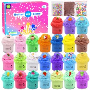 24 pack mini butter slime kit,with pink watermelon, ice cream and cake slime etc. color slime and slime charms,soft and non-sticky,diy scent slime party,stress relief sludge toy for boys and girls