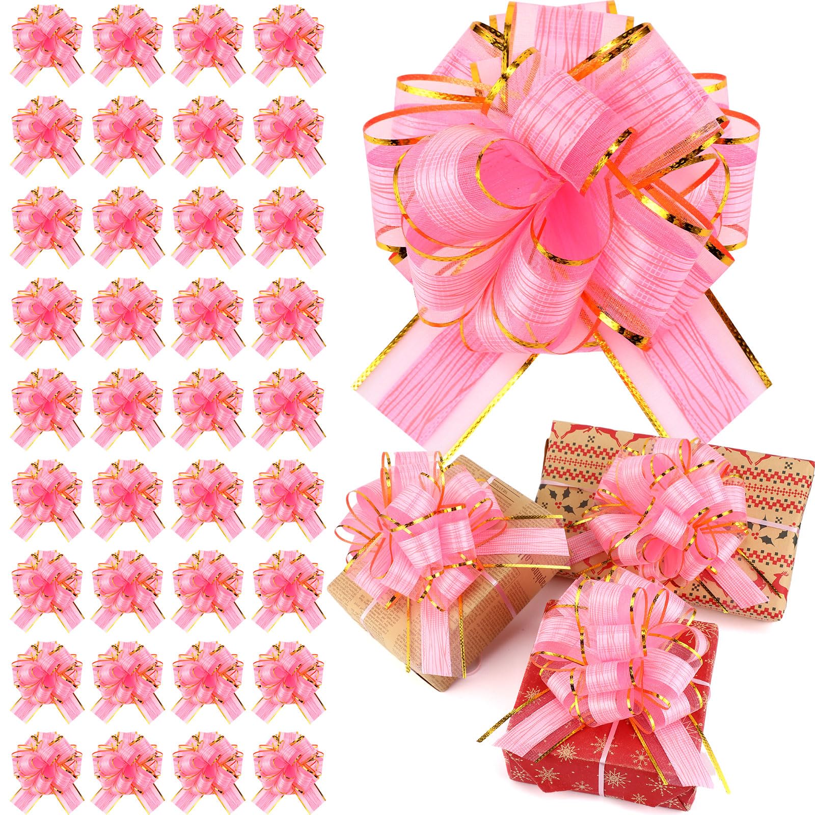 Poen 36 Pcs 6 Inch Pink Pull Bow for Gift Wrapping Valentine Pink Gift Bows for Party Birthday Holiday Gift Boxes Bow Basket Packaging Bows Valentine's Day Presents Flower Decorations