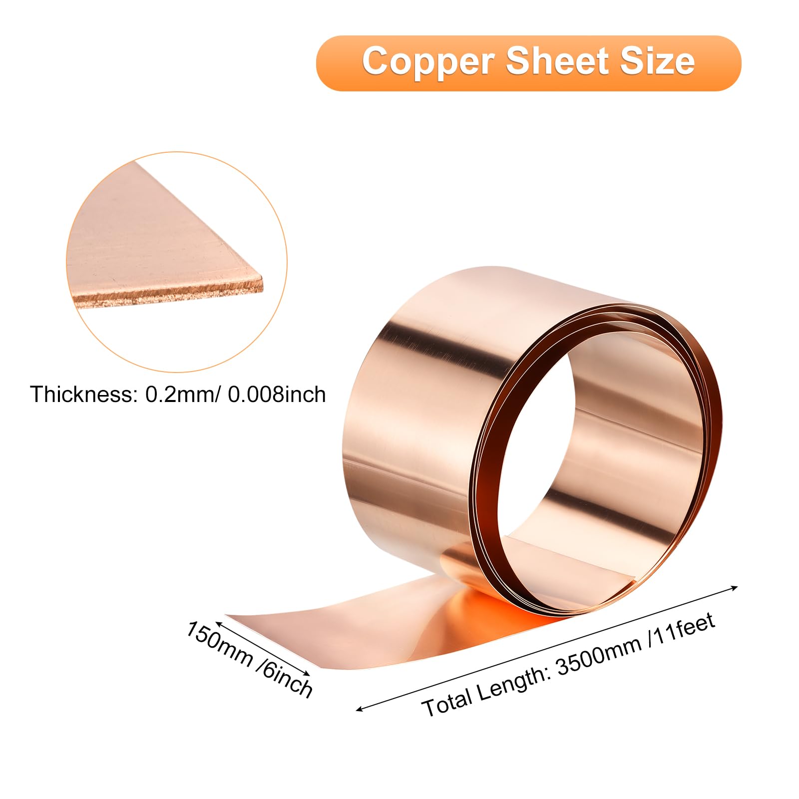 uxcell Copper Sheet Roll 3500mm x 150mm x 0.2mm, 99.9% Pure Copper Strip Copper Flashing Metal Foil Plate for Electricity DIY Projects (Multiple Sizes)