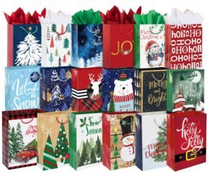 24 large christmas gift bags bulk with handles, 26 tissue paper and 60 count christmas gift tags set-24 assorted designs big size sacks set for wrapping xmas holiday presents