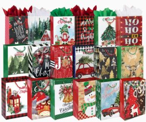 24 large christmas gift bags bulk with handles, 26 tissue paper and 60 count christmas gift tags set-24 assorted designs big size sacks set for wrapping xmas holiday presents