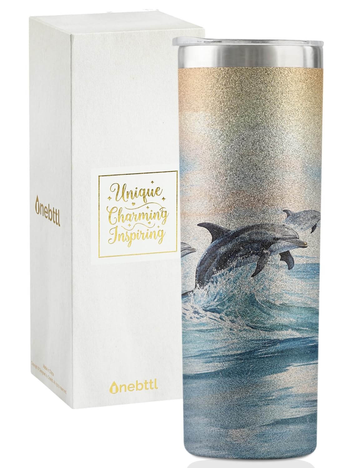 Onebttl Dolphin Gifts for Women, 20oz Stainless Steel Tumbler with Lid and Straw - Glitter Sunset Dolphin