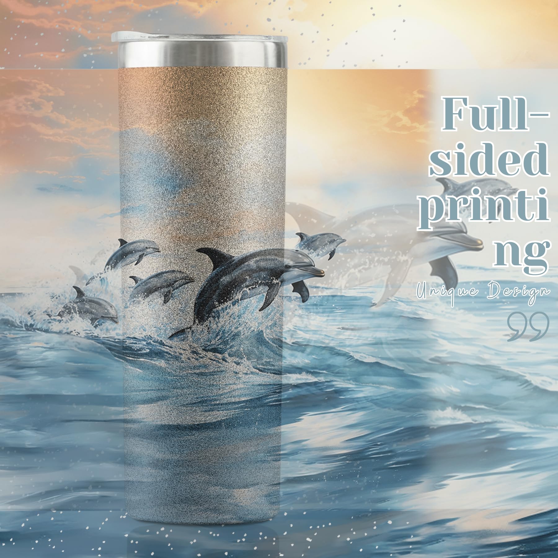 Onebttl Dolphin Gifts for Women, 20oz Stainless Steel Tumbler with Lid and Straw - Glitter Sunset Dolphin