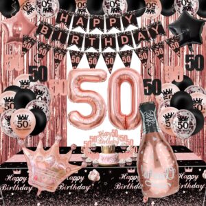 50th black and rose gold party decorations - happy birthday banner, pennant, birthday balloons, fringe curtains, tablecloth, cake topper, hanging swirls 50th birthday decorations for women princess